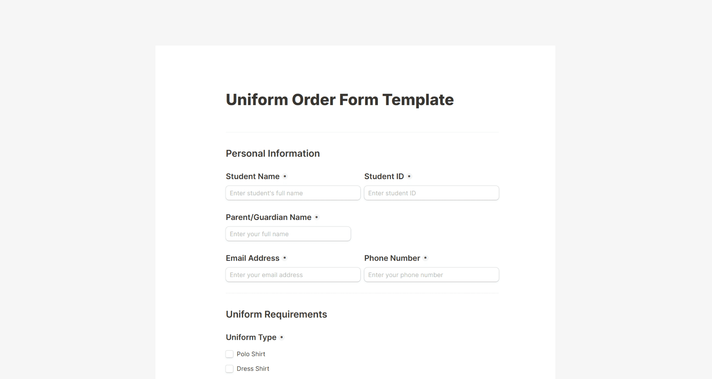 Uniform Order Form Template - Tally form template
